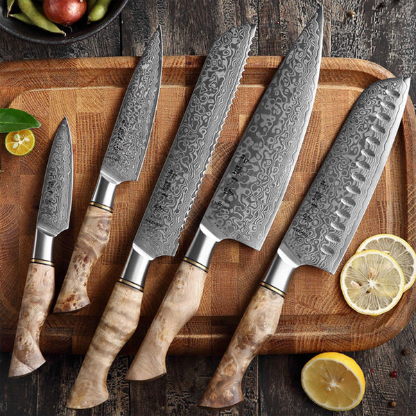 Hezhen B30 5 Pcs Kitchen Knives Set Damascus Steel Chef Santoku Utilit ...