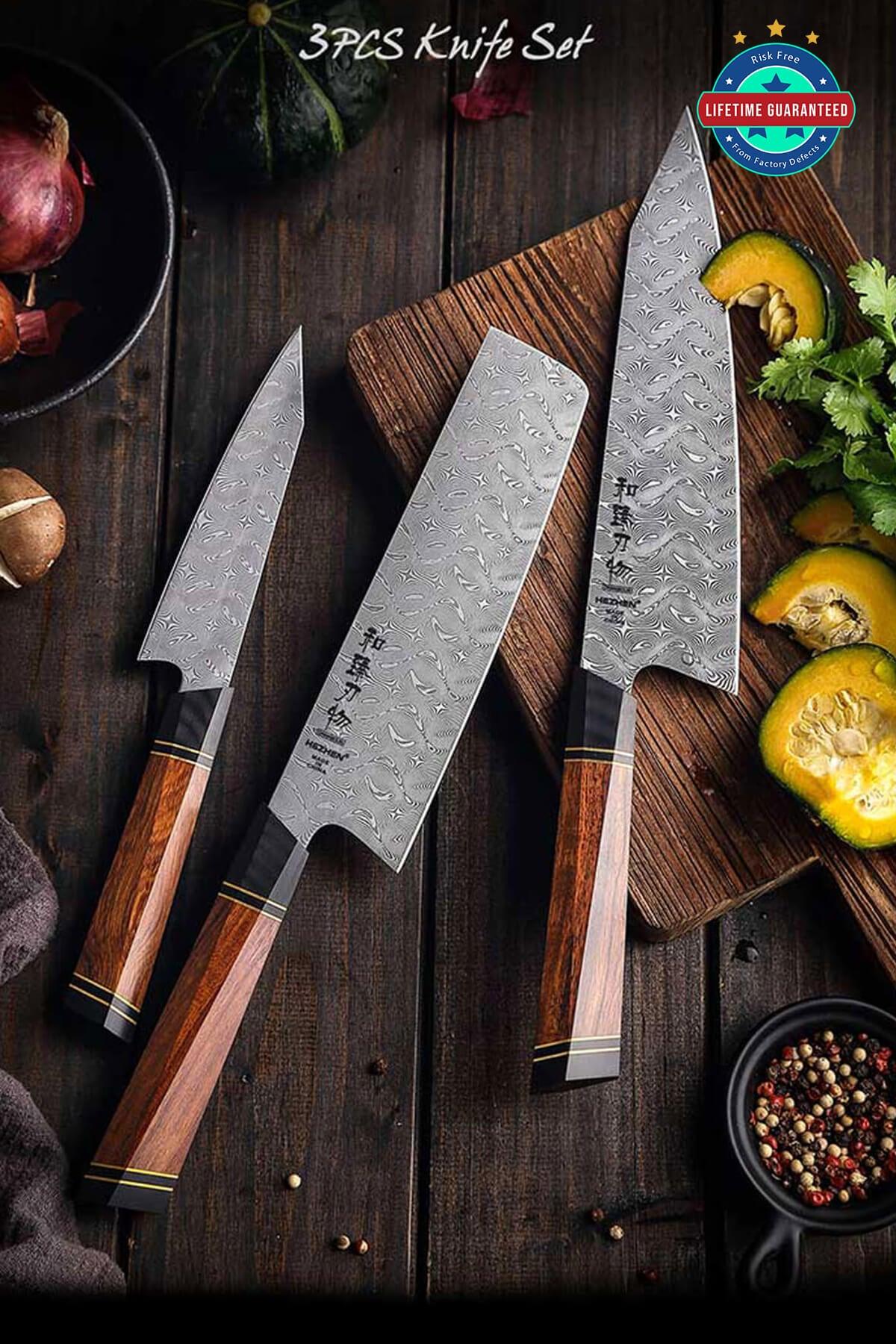 HEZHEN F2 3 Pcs 110 Layer Damascus Chef Knife Set with Desert Ironwood ...