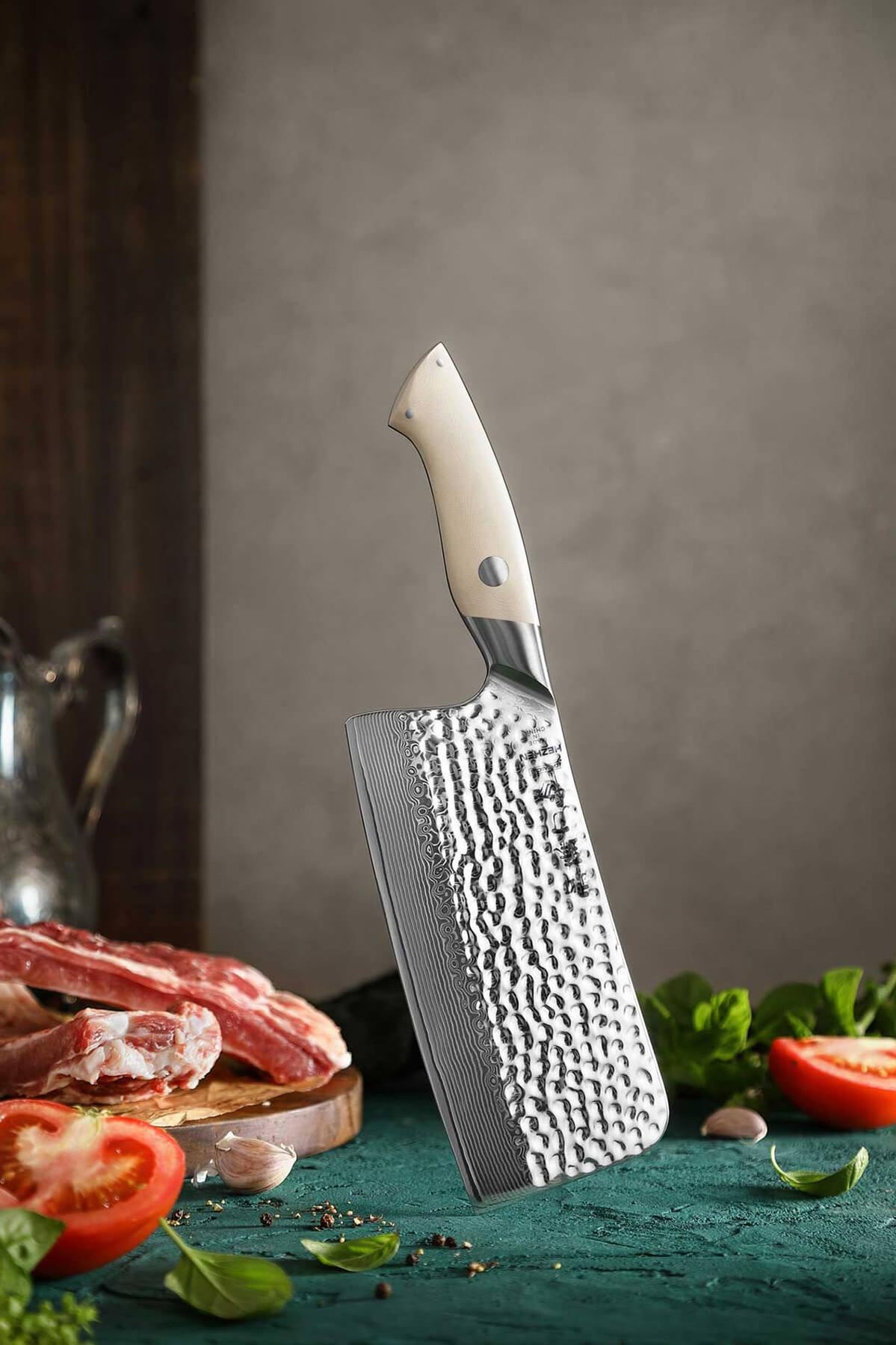 HEZHEN B38H 7" 67 Layer Damascus Bone Cleaver Knife White G10 Handle ...