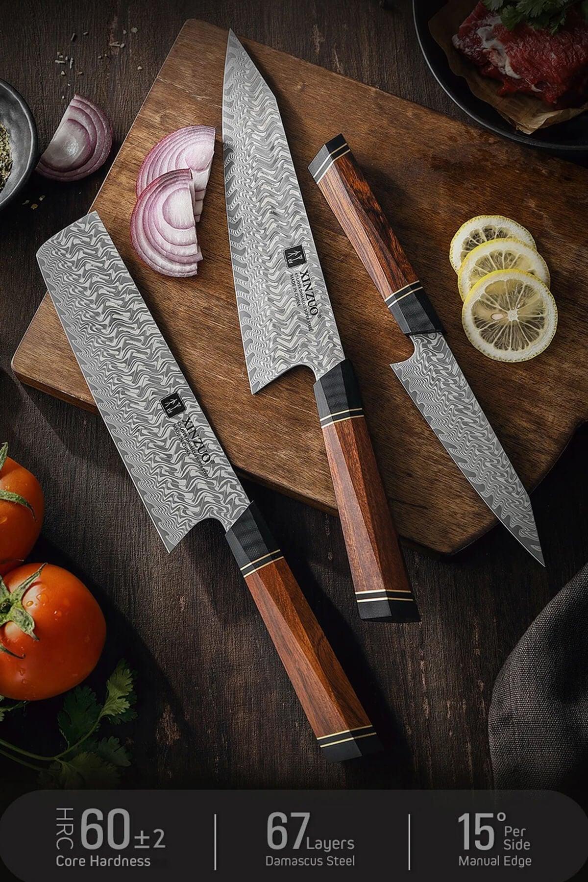 Xinzuo F2 3 Pcs 67 Layer Damascus Chef Knife Set with Desert Ironwood ...