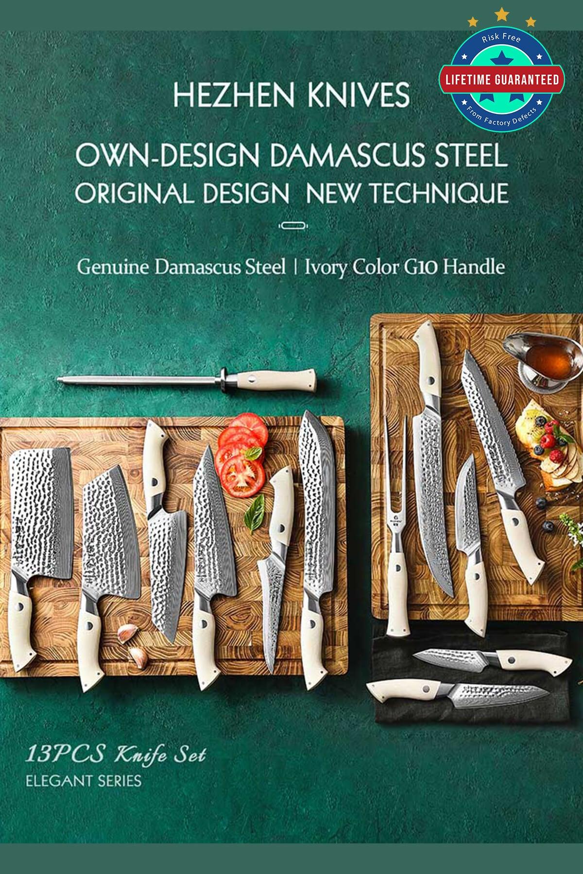 HEZHEN B38H 16 Pcs 67 Layer Damascus Chef knife Set White G10 Handles ...