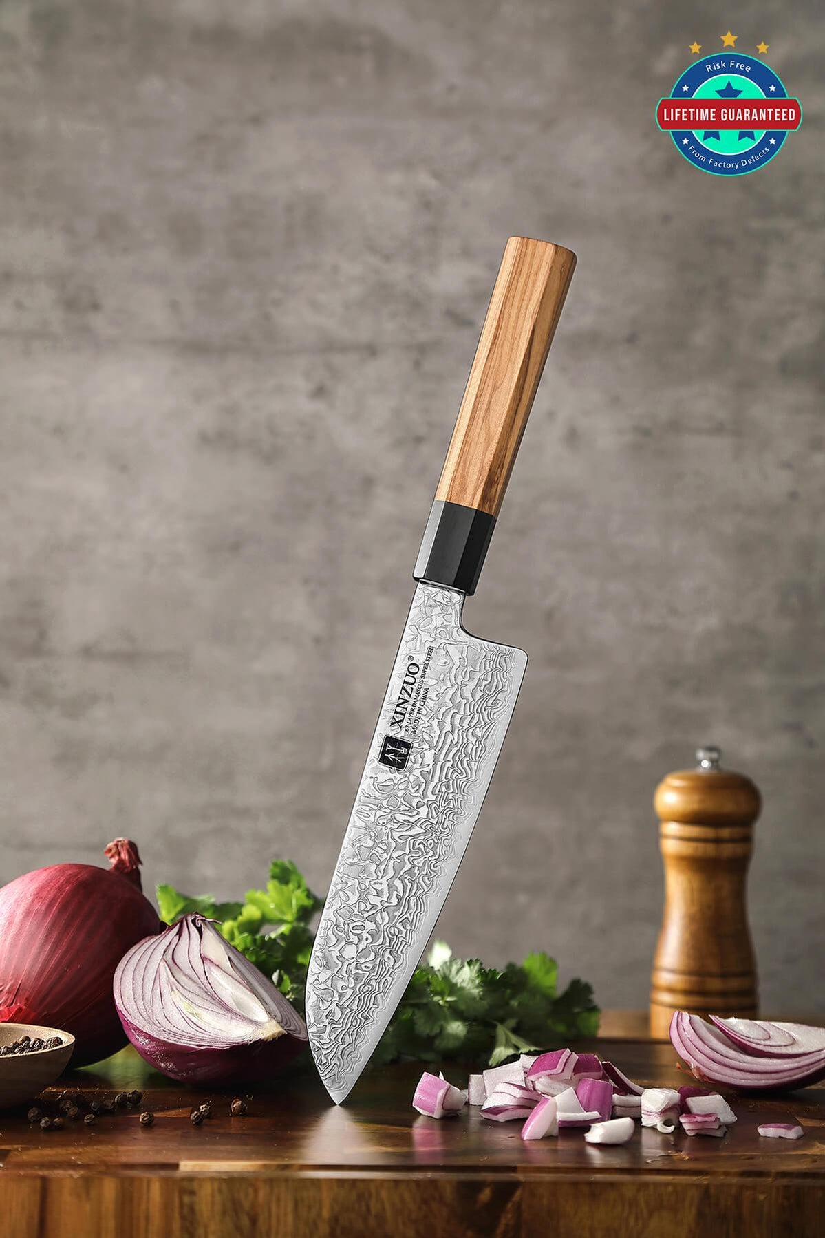 Xinzuo Zhen Series 67 Layer Damascus Japanese Santoku Knife with Olive ...