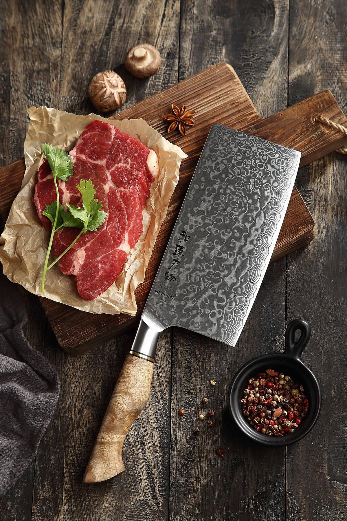 Hezhen B30 Professional Japanese Damascus Steel Vegetable Cleaver Knife ...