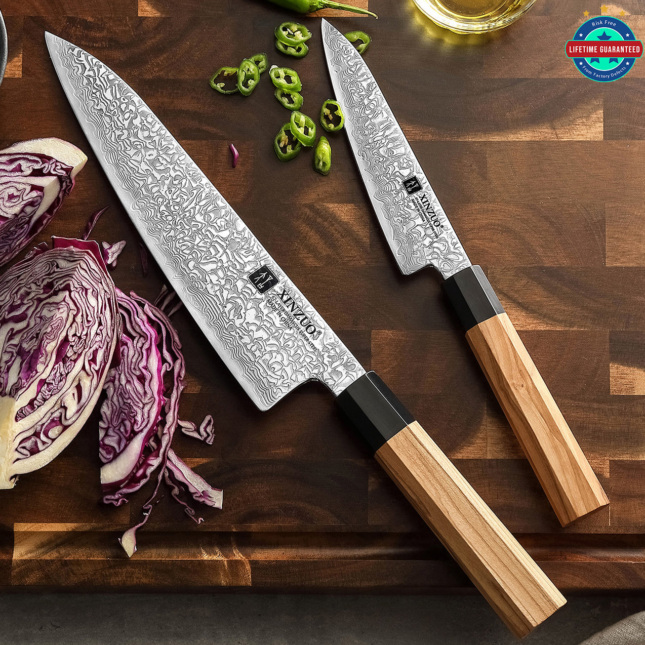 Xinzuo Zhen PM8O Damascus Kitchen Knife Sets - Buffalo Horn & Olive Wo ...