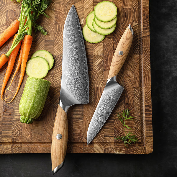 2 Pcs Chef Knife Set 73 Layers Damascus Powder Steel with Olive Wood H ...